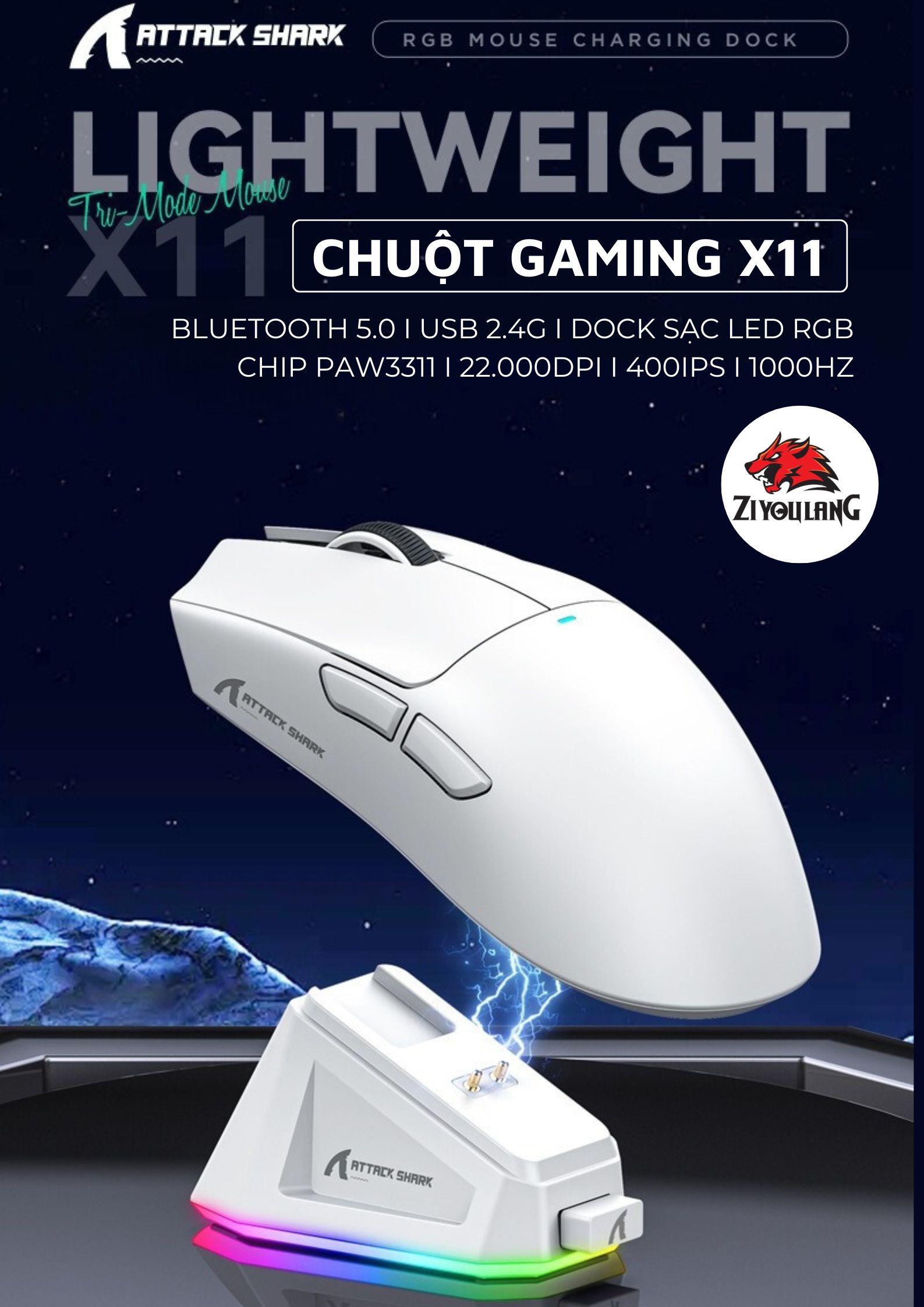 Chuột Không Dây Gaming Attack Shark X11 - Dock Sạc Từ Tính, Led RGB ...