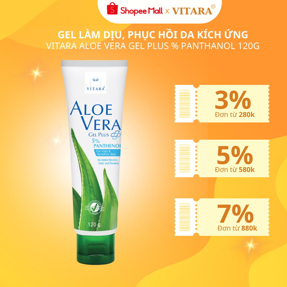 Gel thoa da bị kích ứng Vitara Aloe Vera 5% Panthanol làm dịu da sau bỏng nắng, sần sùi, bị bỏng ...