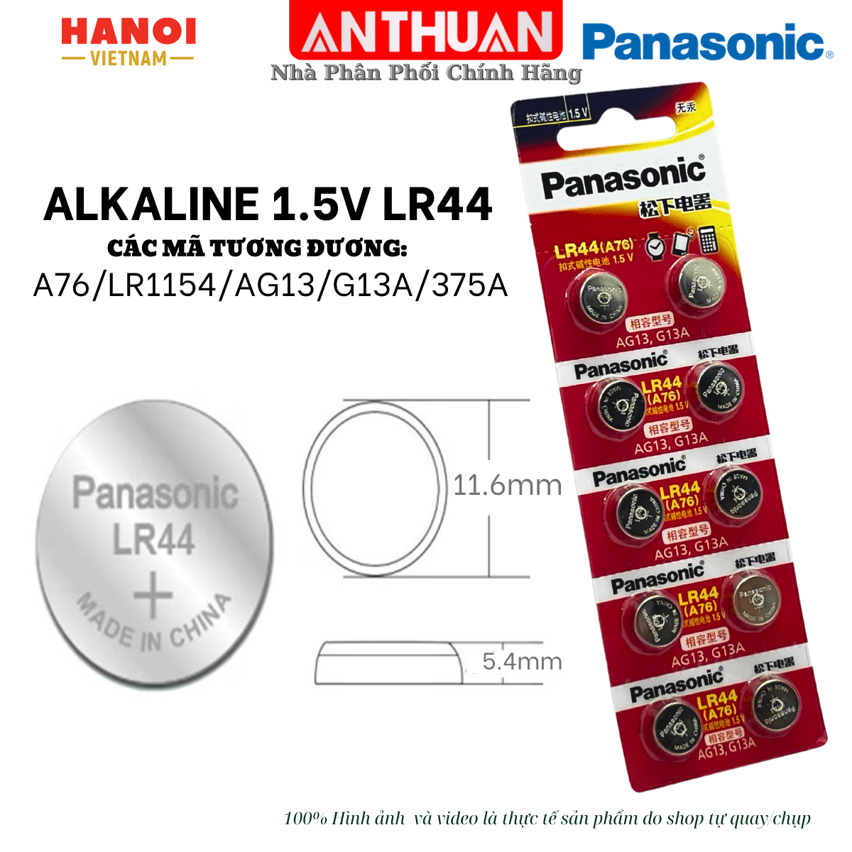 Pin LR44 / AG13 / A76 Panasonic 1.5V Alkaline G13A / SR44 / LR1154 Vỉ 10 viên pin cúc áo ...
