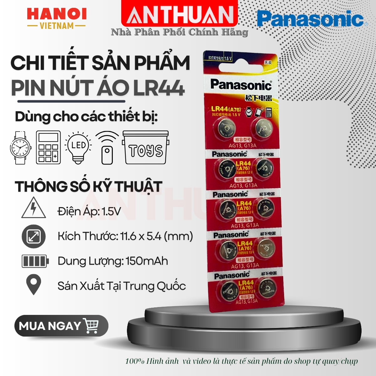 Pin LR44 / AG13 / A76 Panasonic 1.5V Alkaline G13A / SR44 / LR1154 Vỉ ...