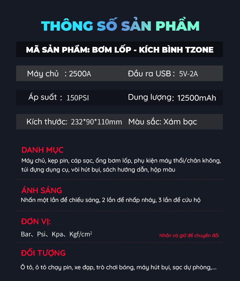 Kích Bình - Bơm Lốp Ô Tô Tzone 6 Trong 1 Pin 12500mAh Tích hợp sạc dự phòng và đèn chiếu sáng ...