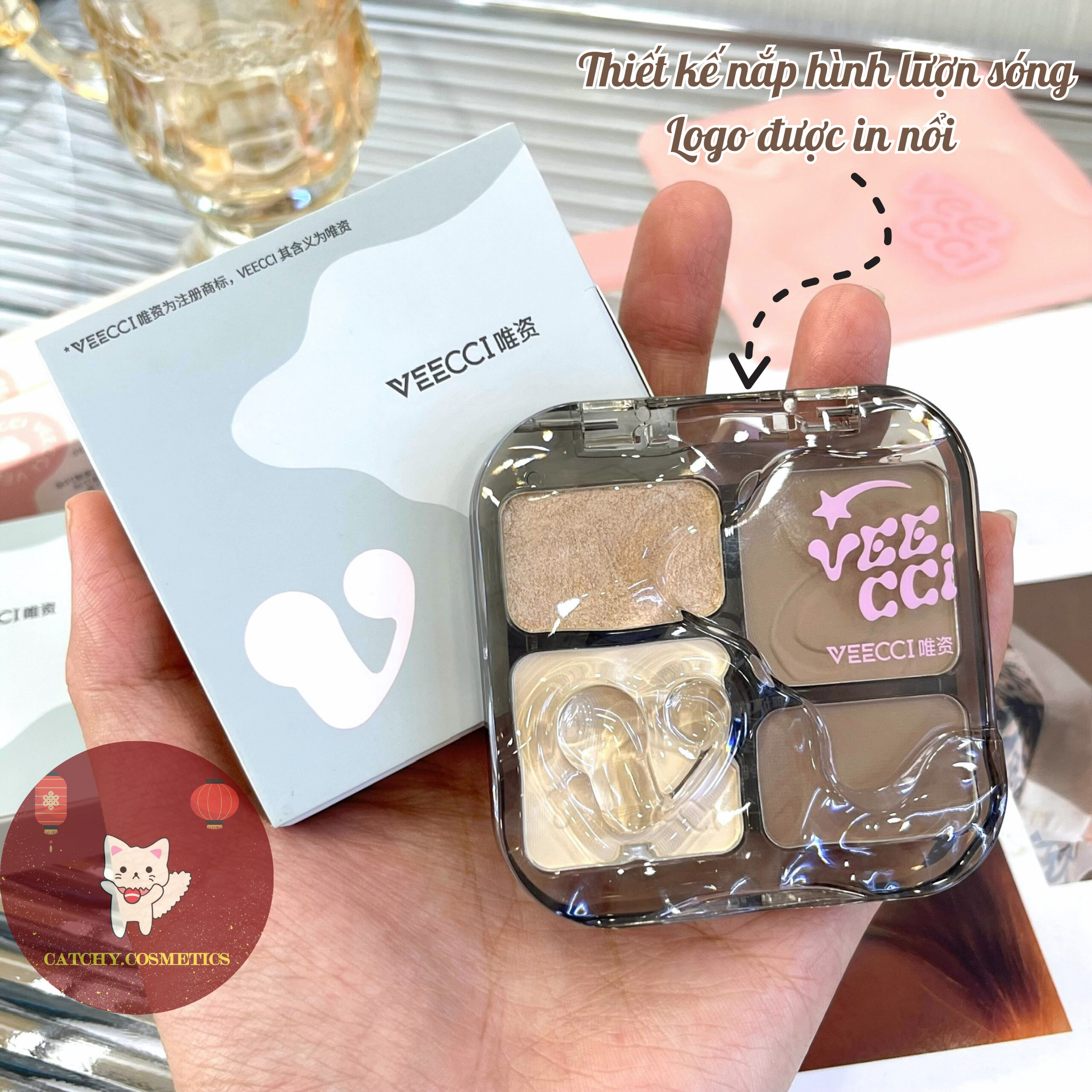 [VEECCI] Bảng Phấn Tạo khối VEECCI Kèm Bắt Sáng 4 Ô Đa năng tích hợp Má ...