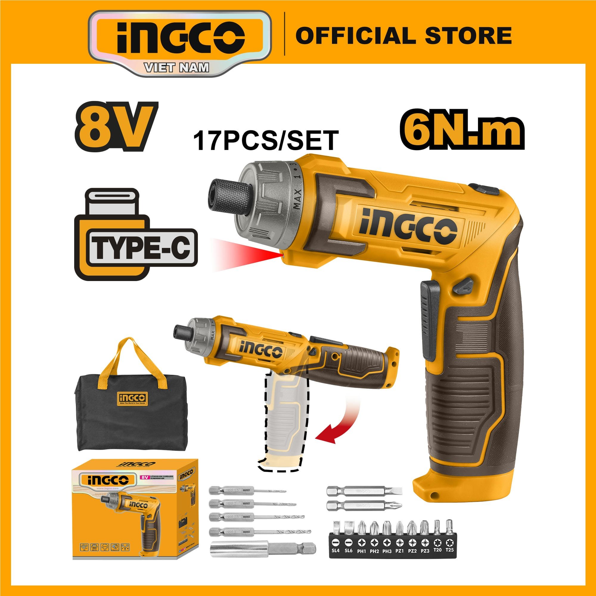 Máy vít pin 8V sạc pin bằng cáp type C INGCO CSDLI0802 túi vải ...