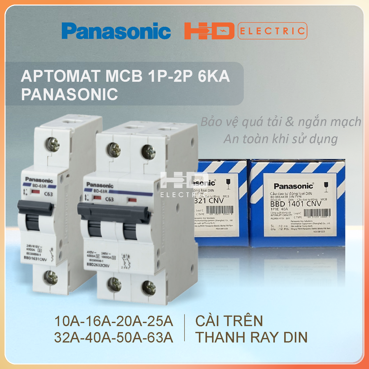 Át tép Aptomat MCB 1P 2P Panasonic 10A 16A 20A 25A 32A 40A 50A 63A 6kA bảo vệ quá tải và ngắn ...