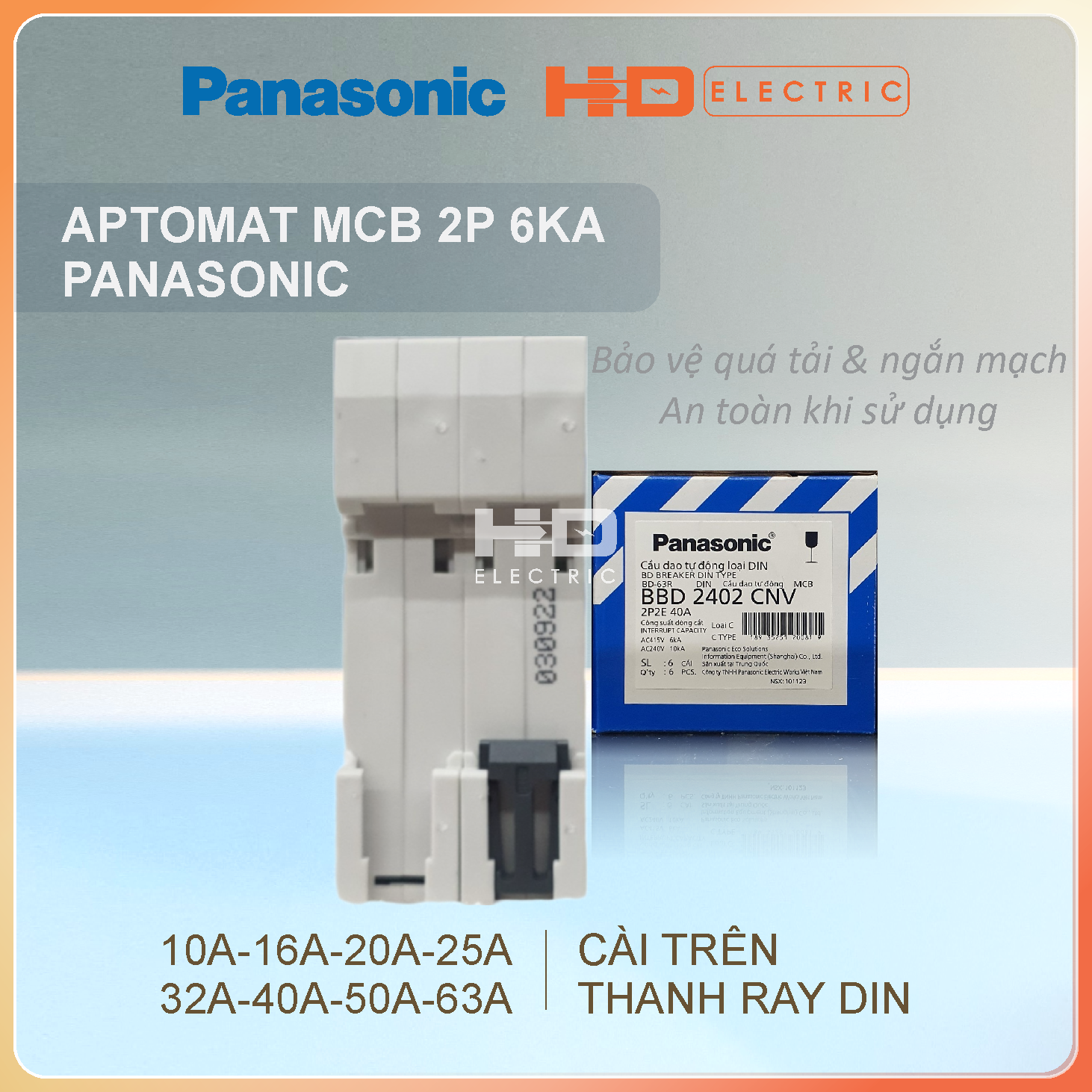 Át tép Aptomat MCB 1P 2P Panasonic 10A 16A 20A 25A 32A 40A 50A 63A 6kA bảo vệ quá tải và ngắn ...