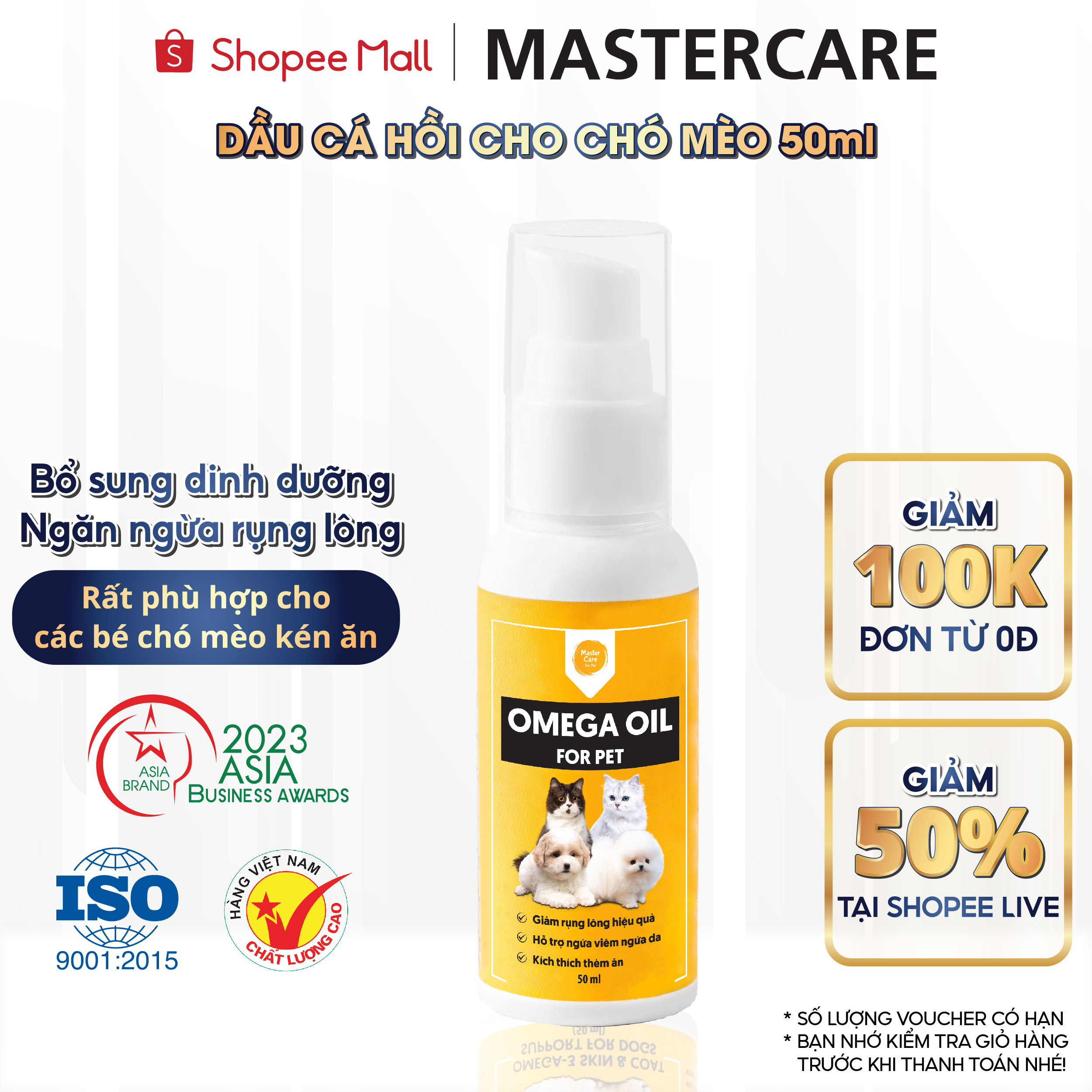 Dầu Cá Hồi Chó Mèo Giảm Rụng Lông Đẹp Da Ăn Ngon Bổ Não Bổ Sung Canxi Chắc Xương MasterCare 50ML ...