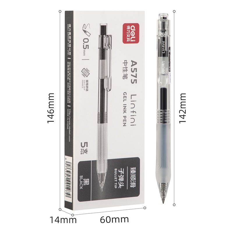 Hộp 5 Bút Gel Deli A575 Bút Bi Nước 0.5mm, Bút Bi Bấm Mực Gel Trơn Tru ...