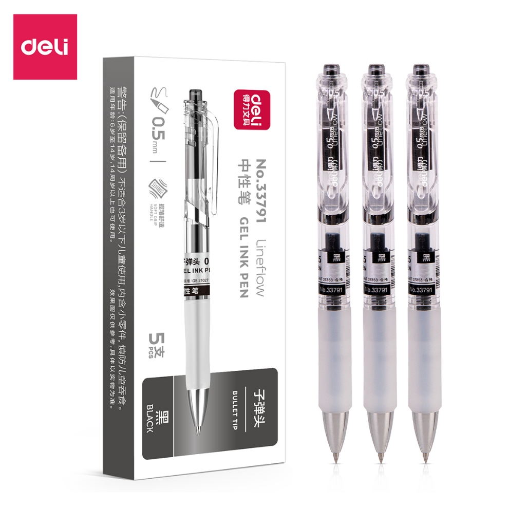 Hộp 5 Bút Gel Deli A575 Bút Bi Nước 0.5mm, Bút Bi Bấm Mực Gel Trơn Tru ...