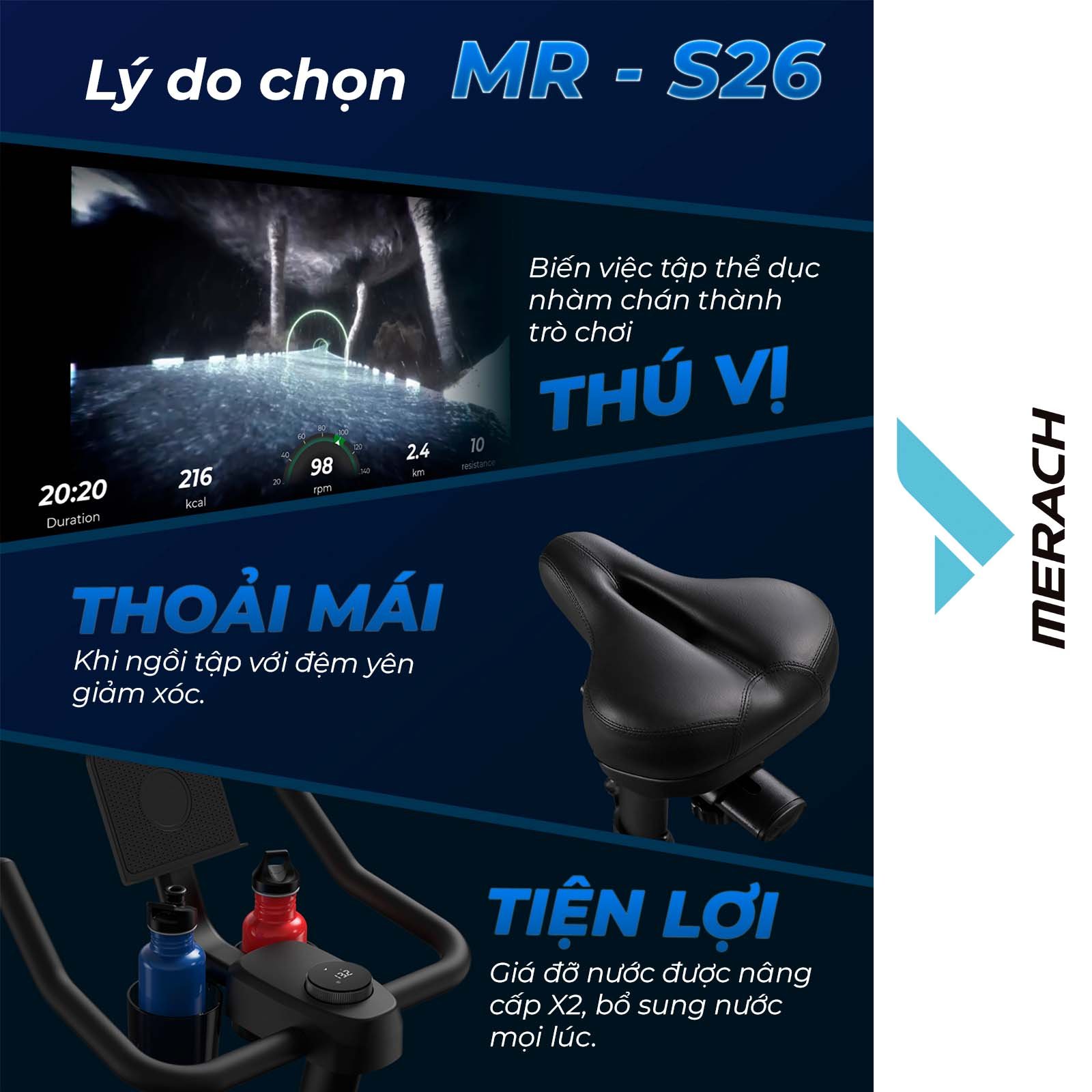 Xe đạp tập thể dục tại nhà Merach S26, tải trọng tối đa 120kg, không ồn, 2 khay đựng nước, màn ...