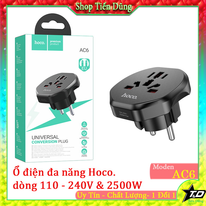 Ổ điện đa năng 2500W HOCO AC6 chân tròn chuẩn EU, dòng điện 110 - 240V, ổ cắm đa năng dành cho ...