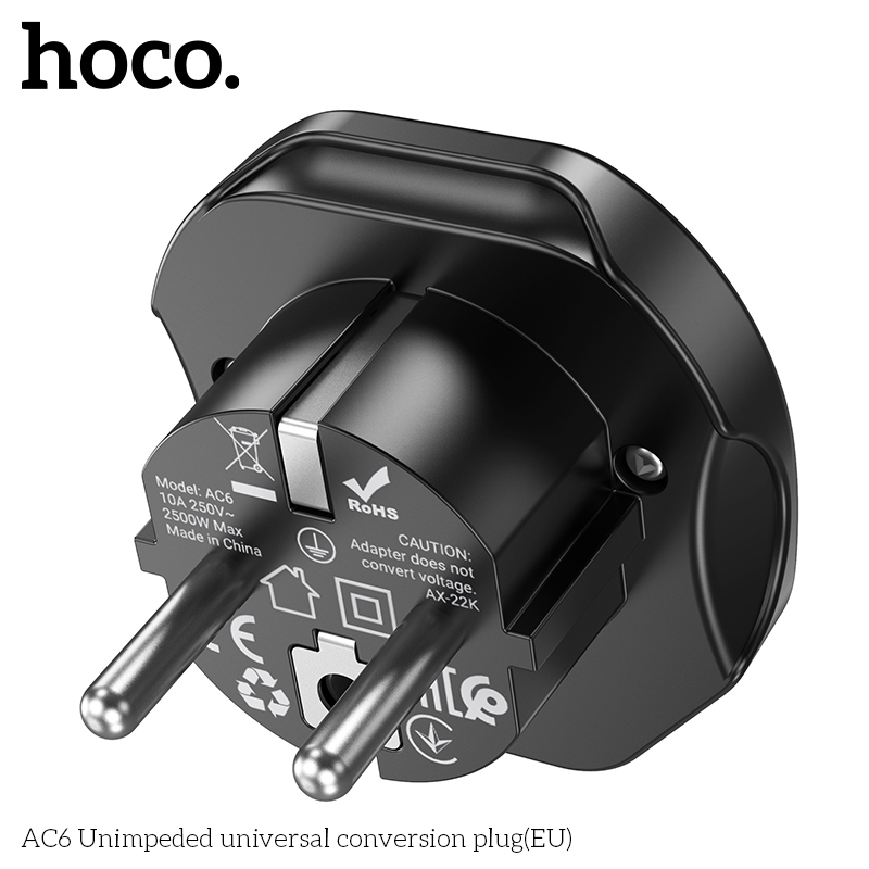 Ổ điện đa năng 2500W HOCO AC6 chân tròn chuẩn EU, dòng điện 110 - 240V, ổ cắm đa năng dành cho ...