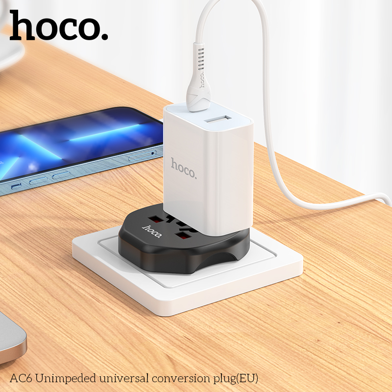 Ổ điện đa năng 2500W HOCO AC6 chân tròn chuẩn EU, dòng điện 110 - 240V, ổ cắm đa năng dành cho ...
