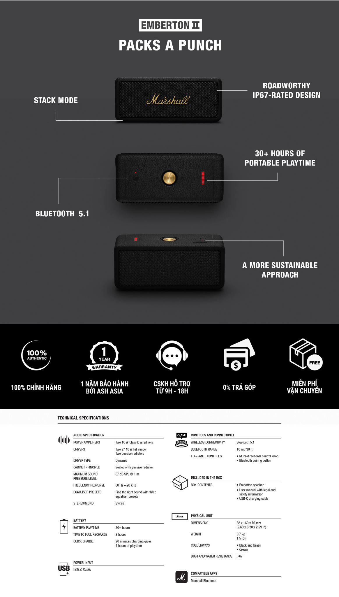 Loa Marshall Bluetooth EMBERTON II Portable - Pin lên đến 30h - Bảo ...