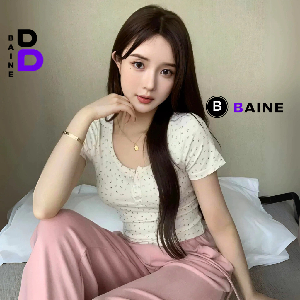 Áo Thun TAY NGẮN DÁNG DÀI HỌA TIẾT HOA NHÍ Cổ Vuông Đính Nút Nữ DD59, Áo Babytee Chất Thun Gân ...