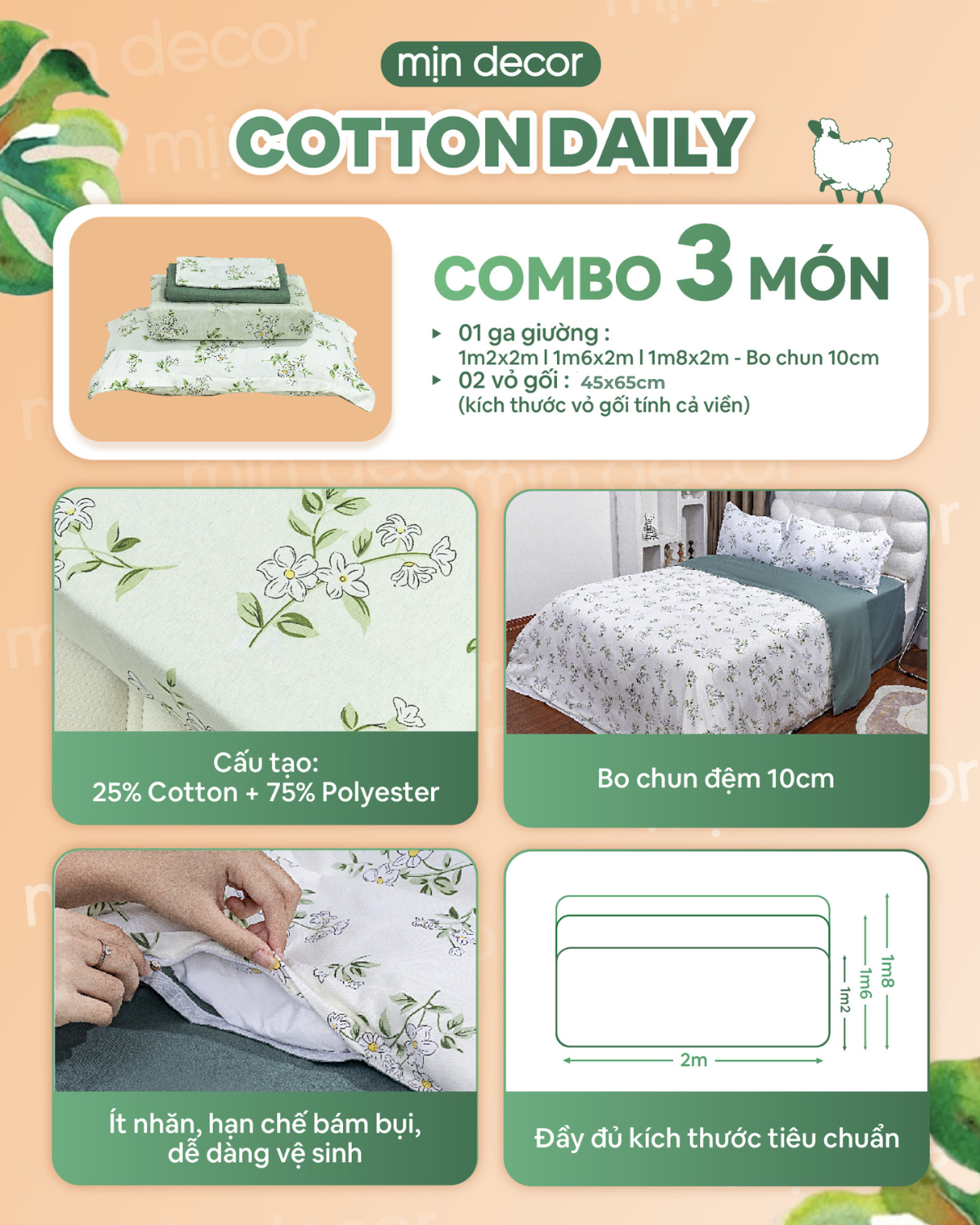 Set 3 món ga gối cotton 3D Mịn Decor, ga trải giường kèm 2 áo gối mát mịn bo chun miễn phí ...
