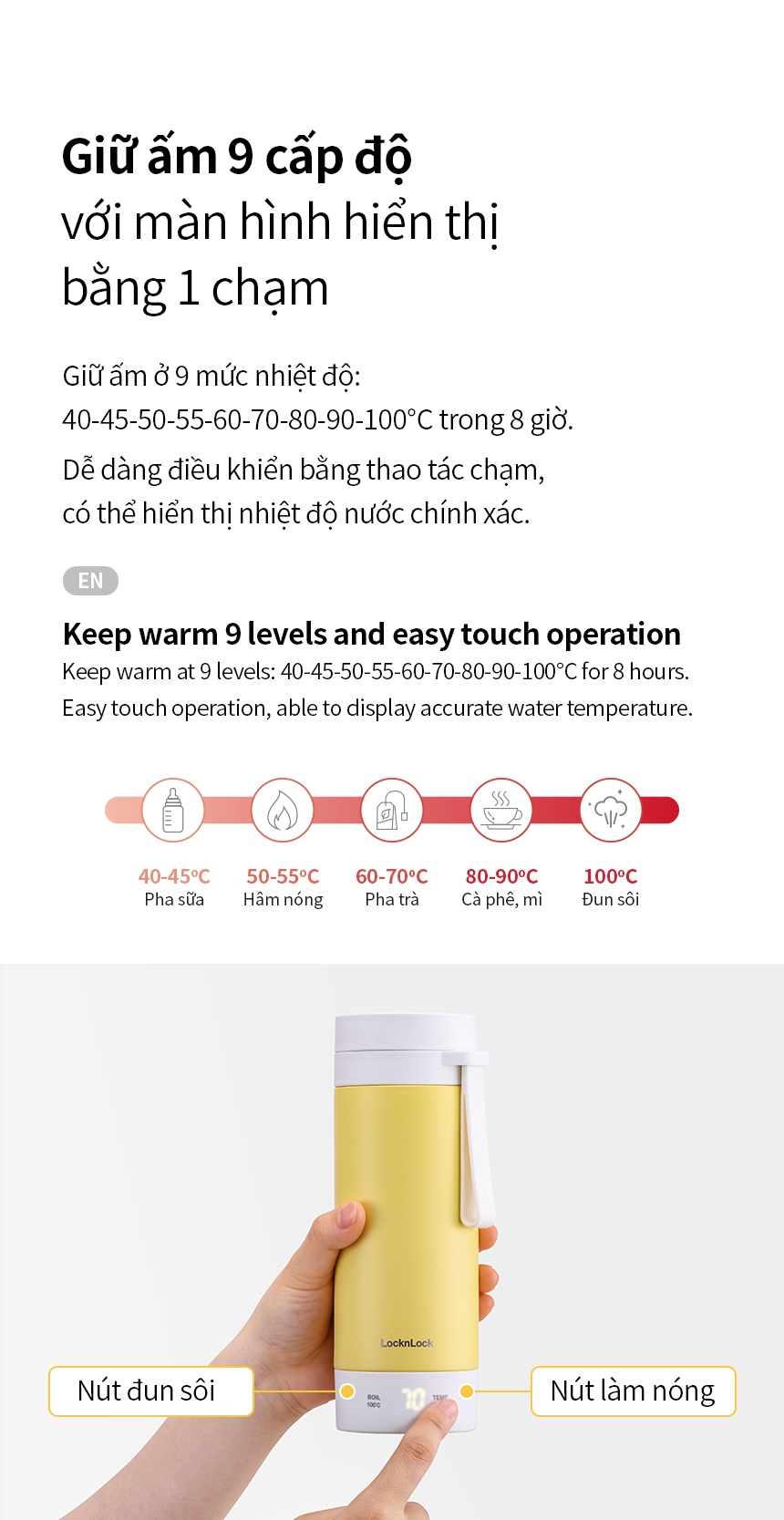 Bình đun giữ nhiệt 2 trong 1 LocknLock Heating tumbler 300ml màu vàng, ngà bằng thép không gỉ ...