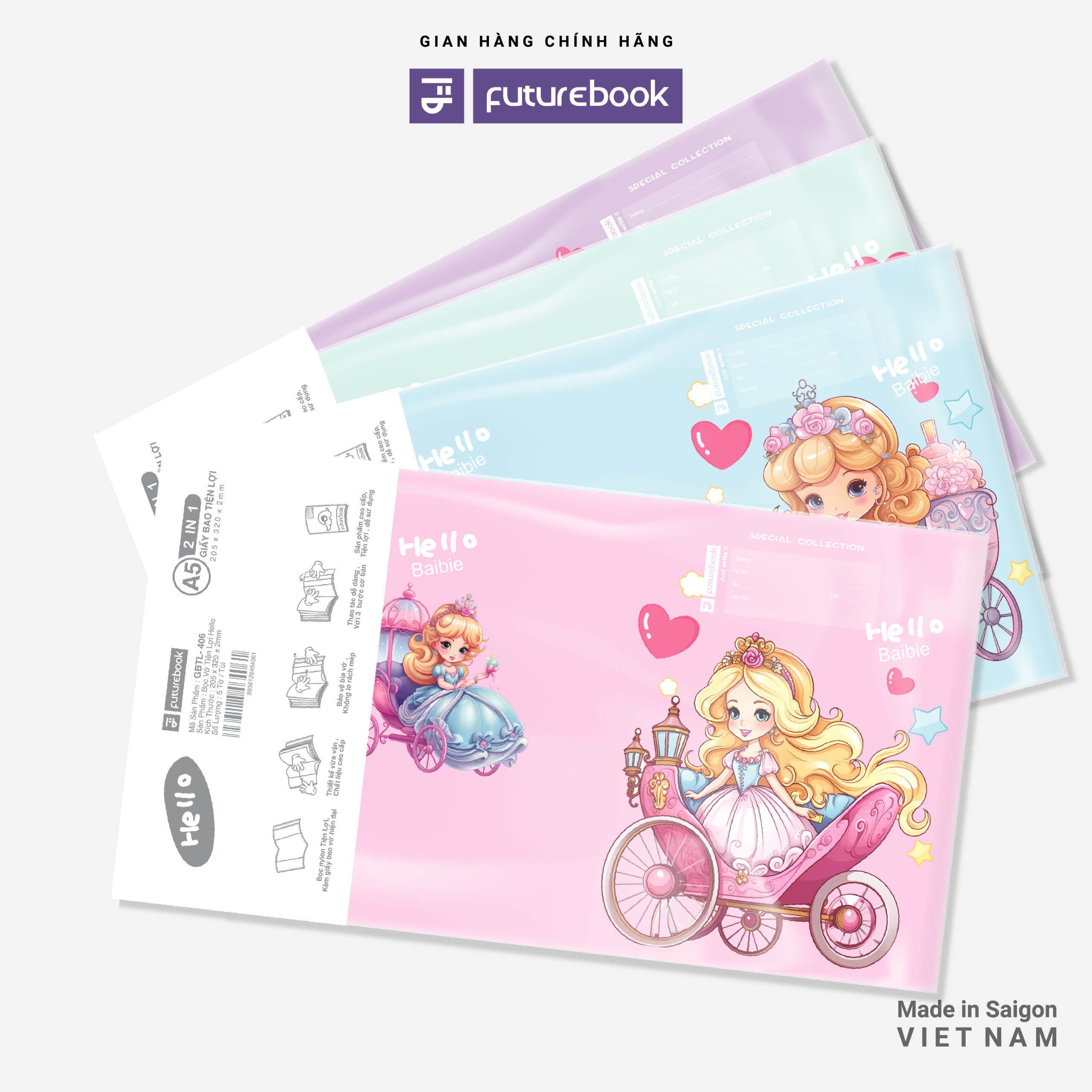 Giấy Bao Vở FUTUREBOOK 2 in1 CÓ SẴN BAO NYLON / xấp 5 tờ Bao vở A5, B5 ...