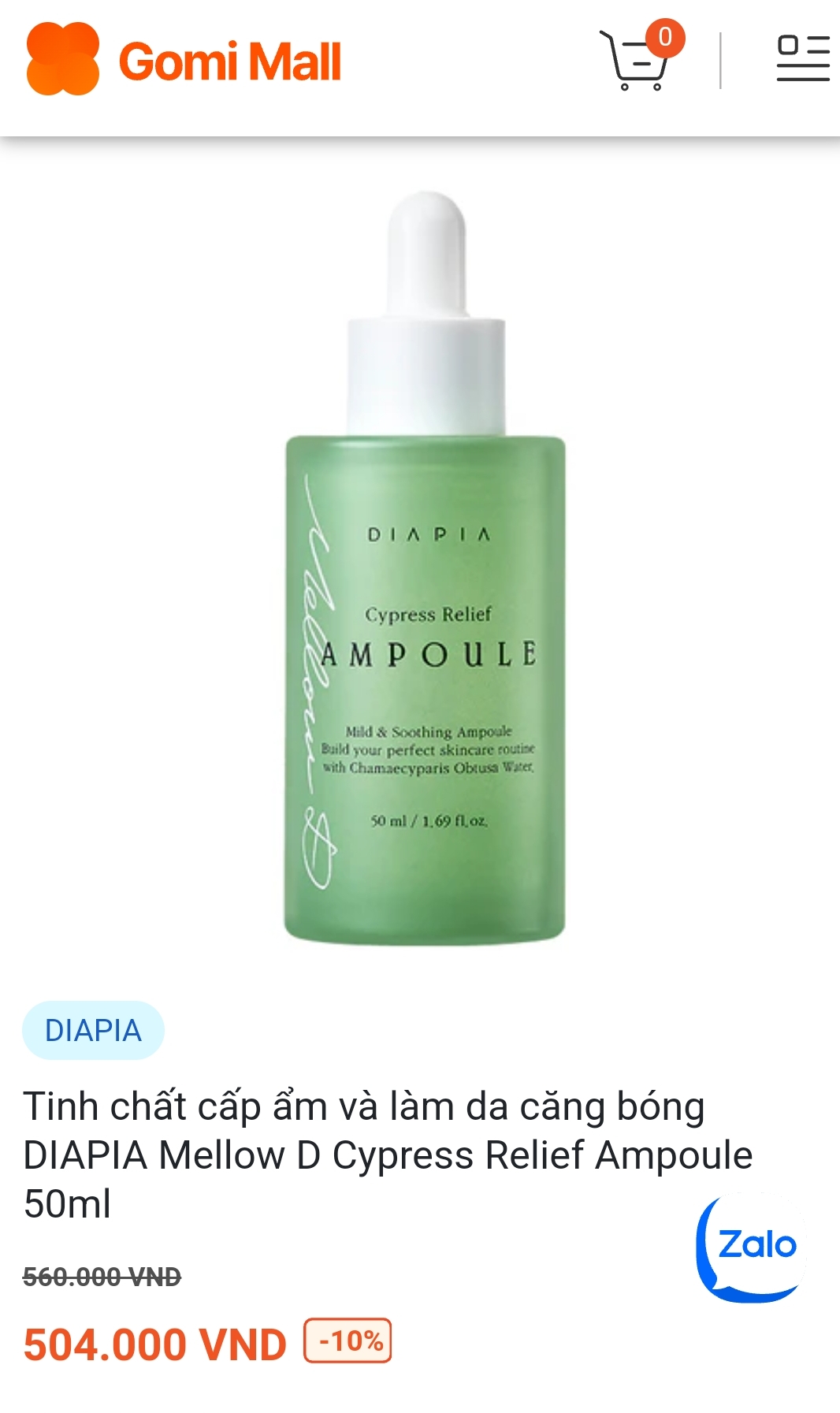 Tinh chất làm dịu da kiềm dầu giúp da căng bóng DIAPIA Mellow D Cypress Relief Ampoule 50ml ...