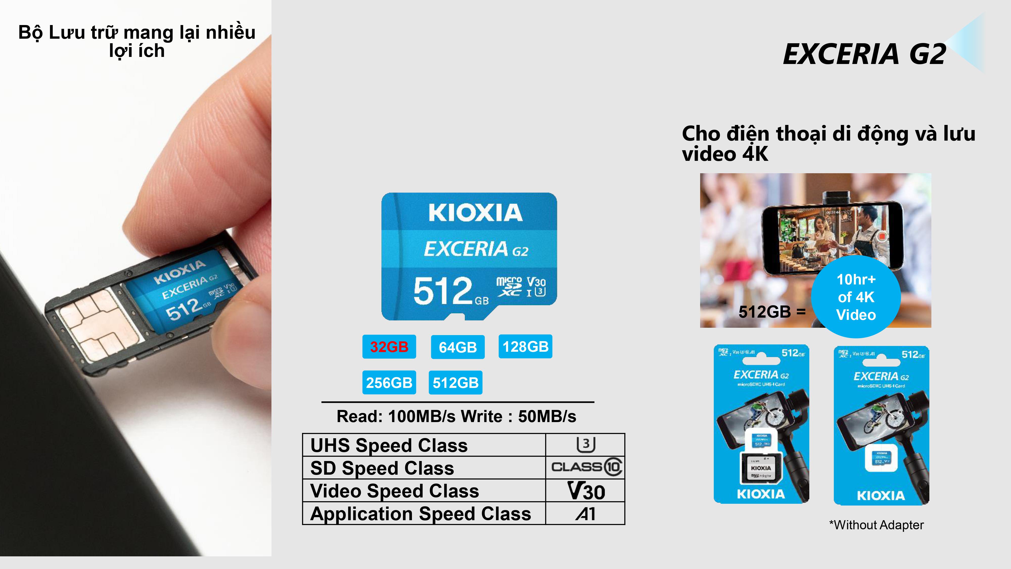 Thẻ nhớ Dung Lượng Lớn 1TB / 512GB / 256GB KIOXIA EXCERIA / EXCERIA G2 UHS-I C10 A1 U3 V30 4K ...