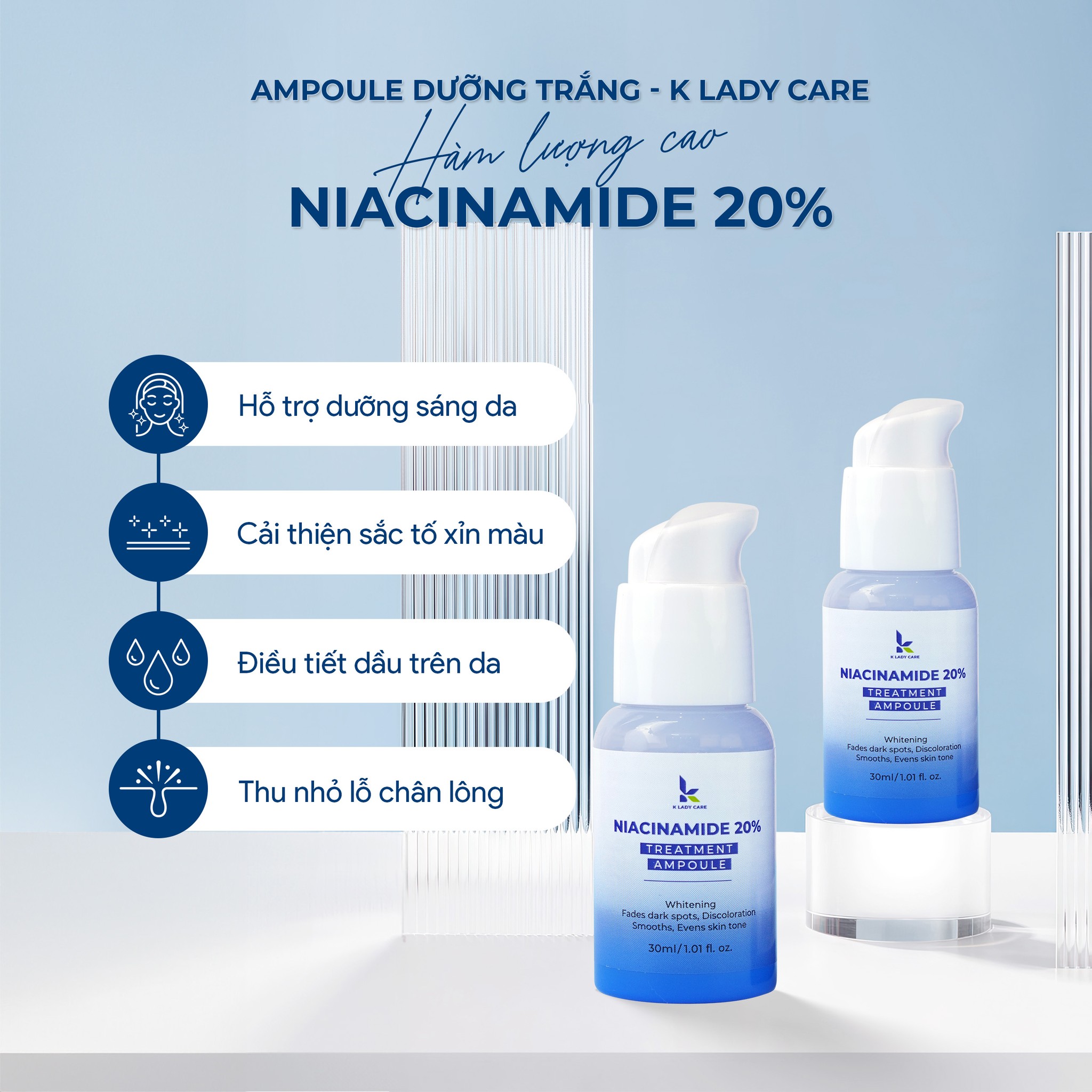 Serum B3 Niacinamide 20% K Lady Care 30ml Kiềm dầu, Thu nhỏ lcl, Hỗ trợ mờ nám tàn nhang, đốm ...