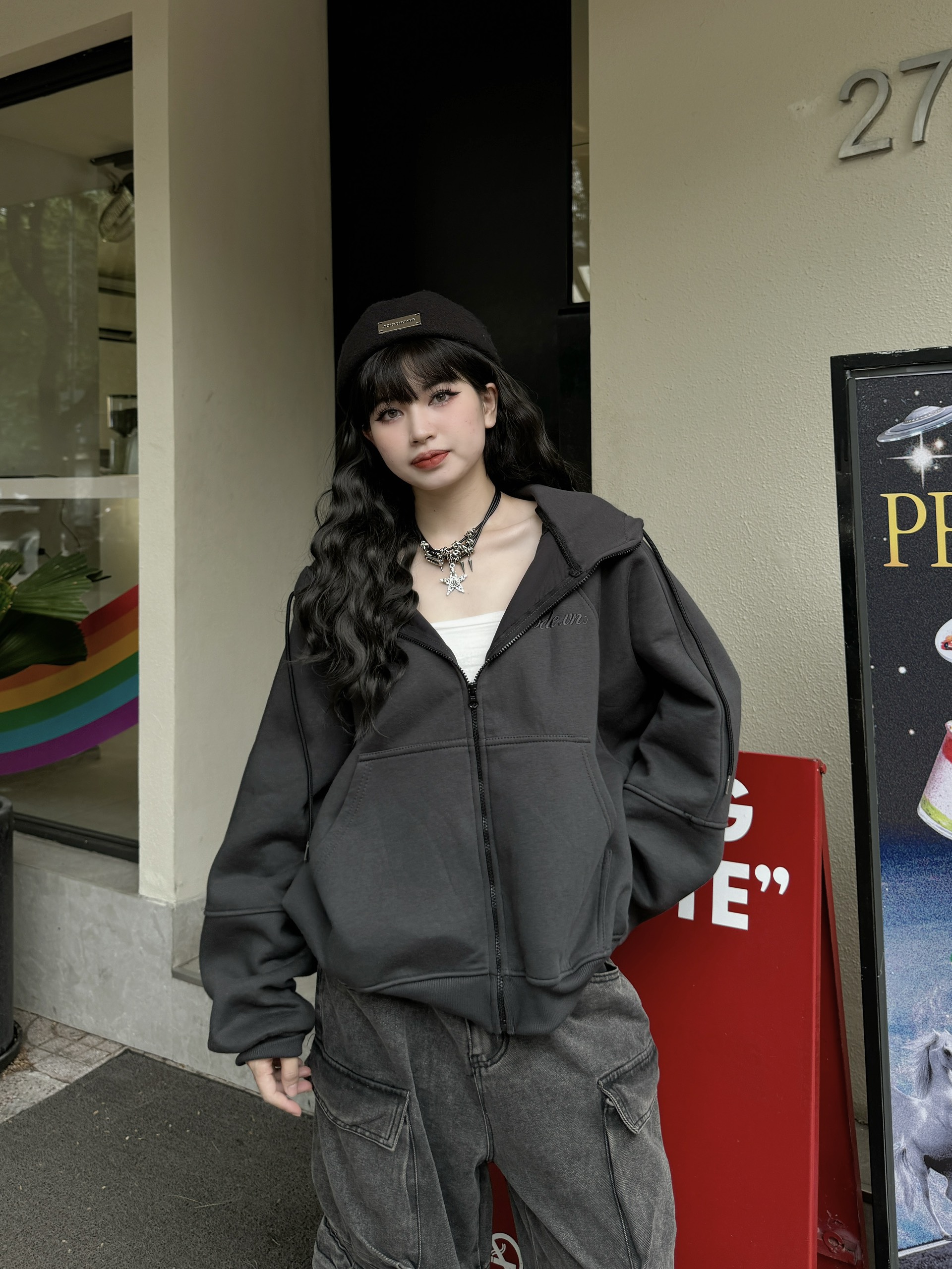 Áo khoác dây kéo from boxy 2 da dày dặn thêu nổi cổ cao không bám lông ...