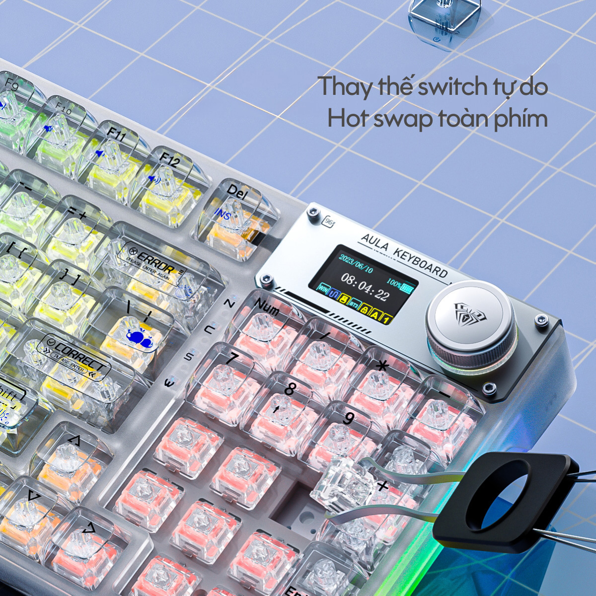 Bàn Phím Cơ 3 Mode AULA F98 PRO Có Màn Hình Led Núm Xoay Keycap Trong Suốt Tùy chỉnh 16 Chế Độ ...