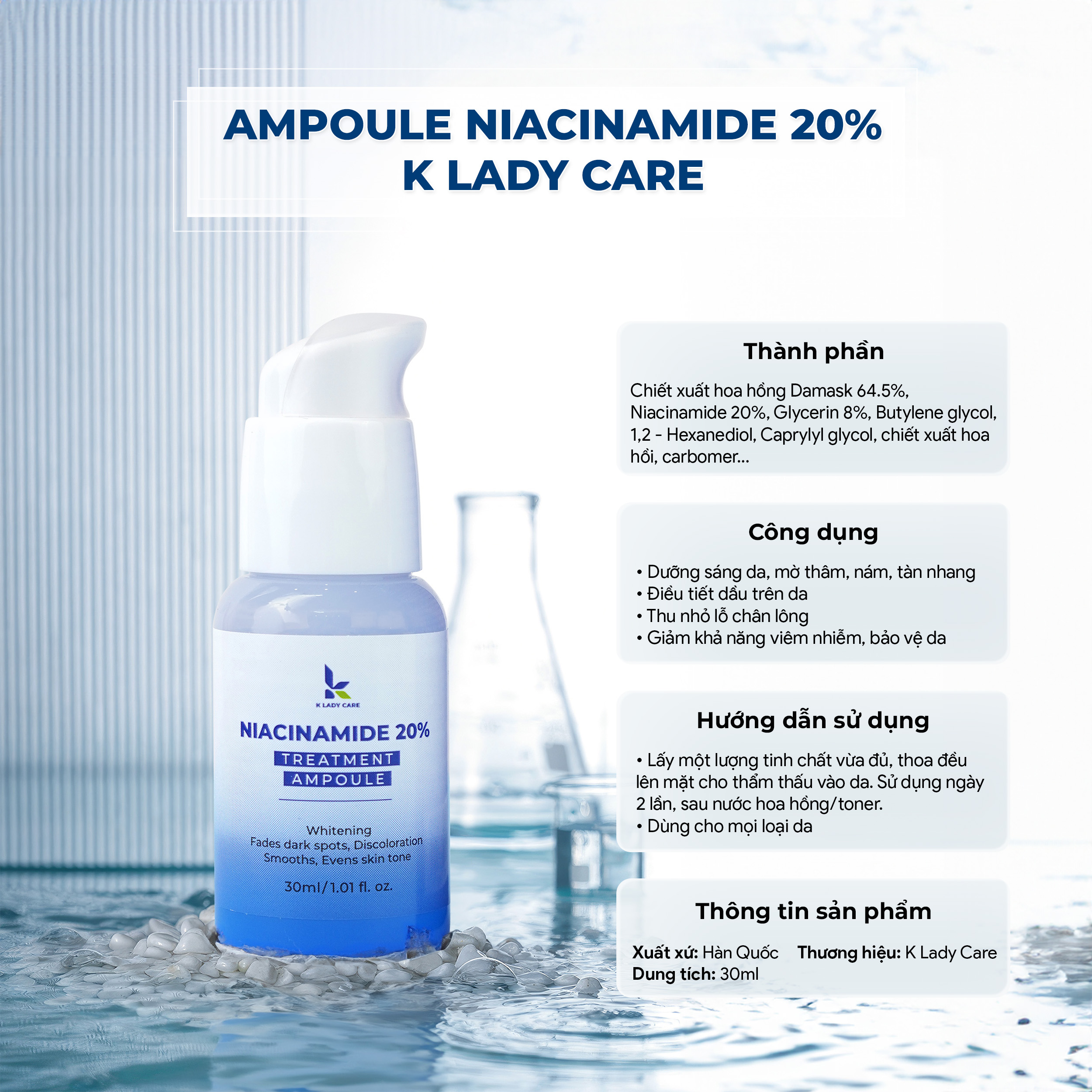 Serum B3 Niacinamide 20% K Lady Care 30ml Kiềm dầu, Thu nhỏ lcl, Hỗ trợ mờ nám tàn nhang, đốm ...