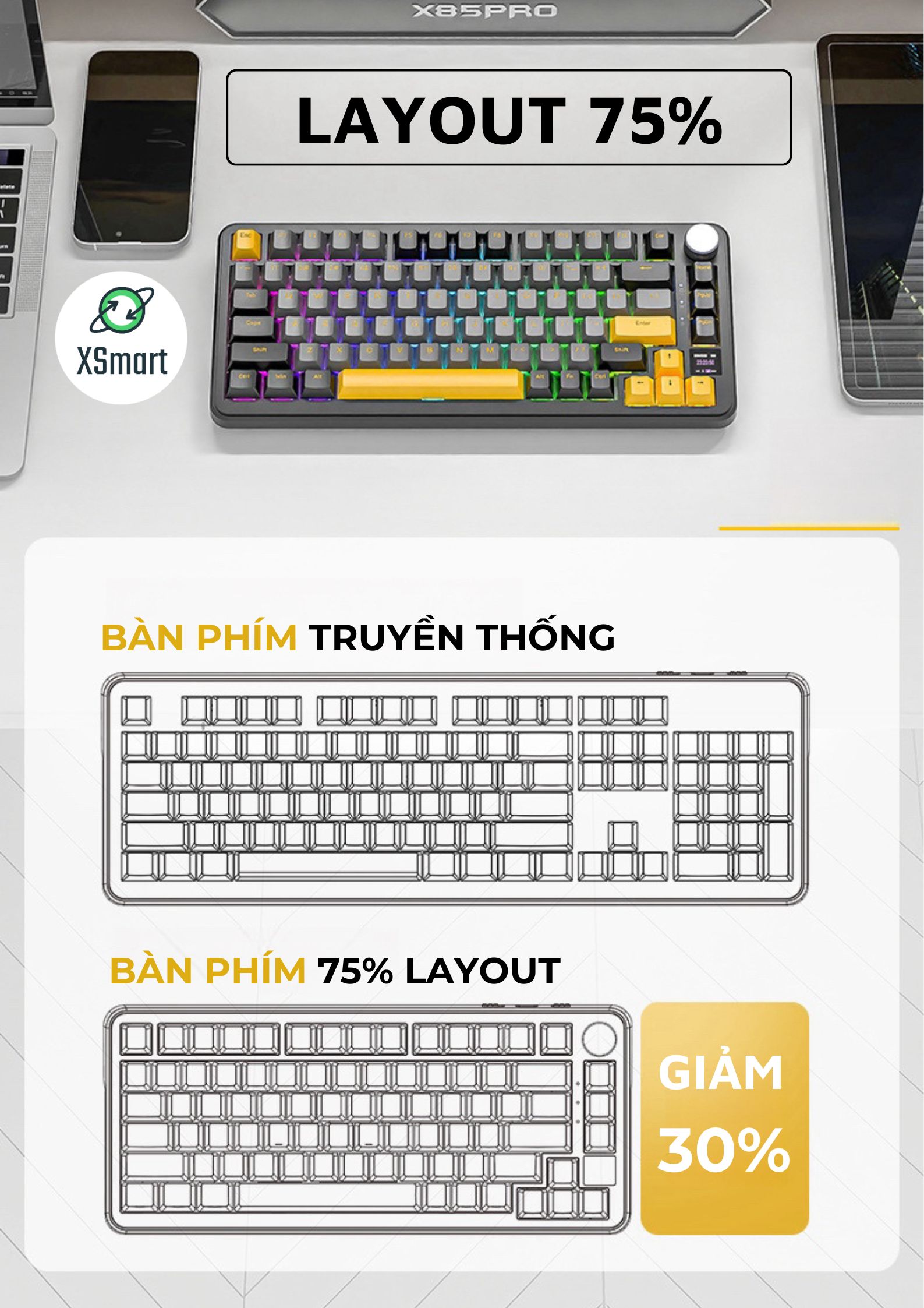 Bàn Phím Cơ Bluetooth Không Dây Cao Cấp Attack Shark X85PRO Có Màn Hình Tùy Chỉnh Qua App LED ...