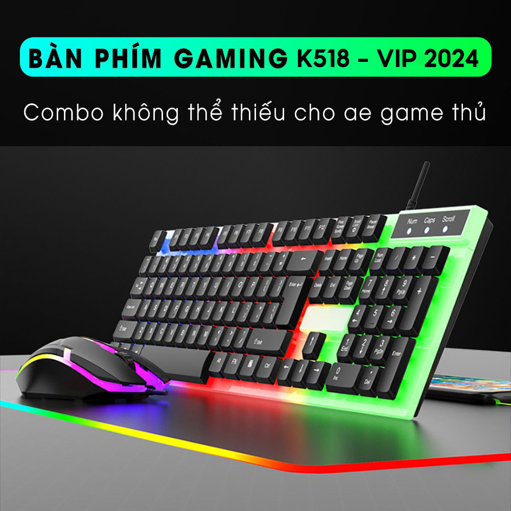 [RẺ VÔ ĐỊCH] Bàn phím giả cơ K518 kèm chuột, bàn phím máy tính led rgb chơi game làm việc văn ...
