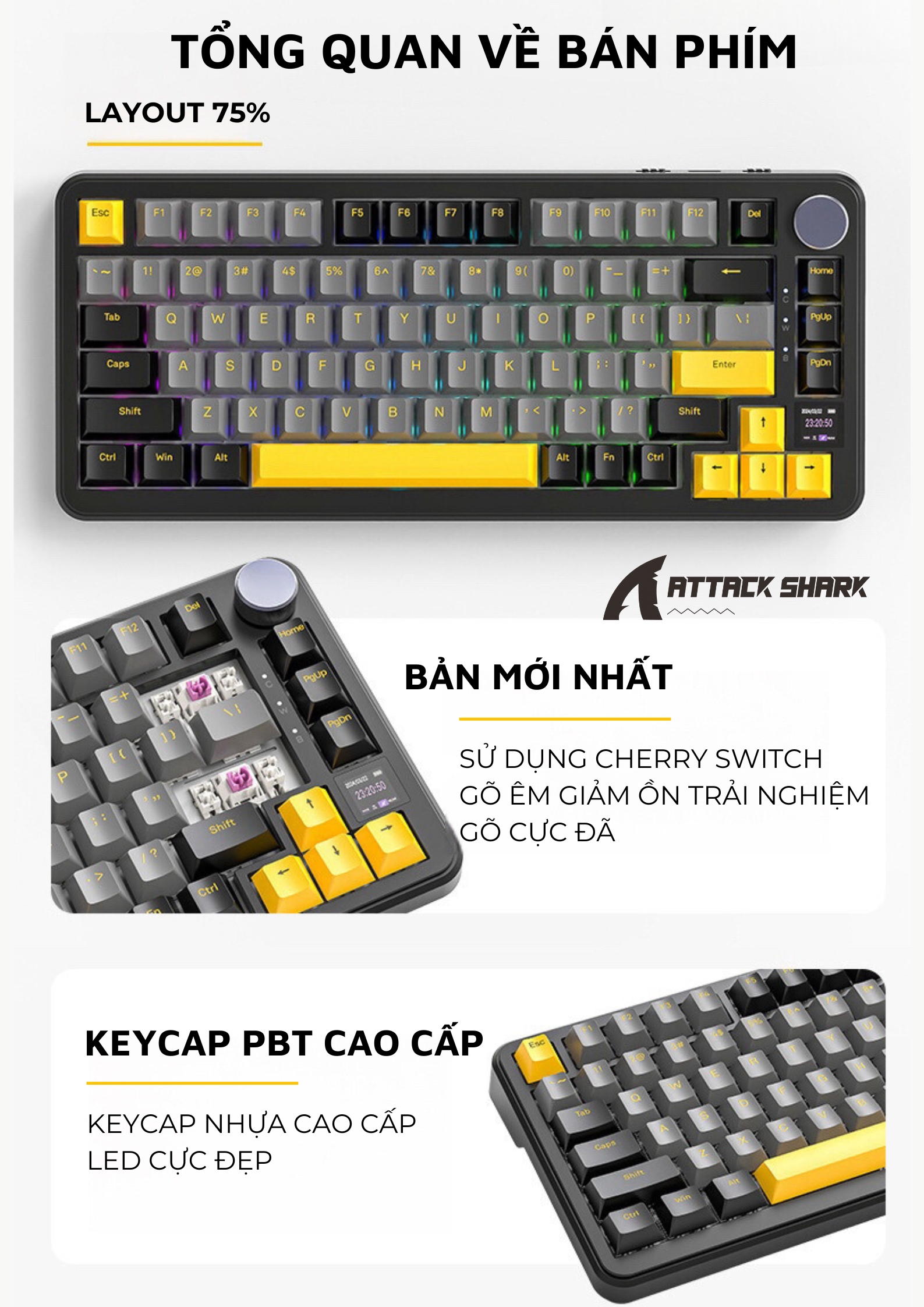 Bàn Phím Cơ Không Dây Attack Shark X85 Pro Màn Hình Hiển Thị + Núm Xoay ...