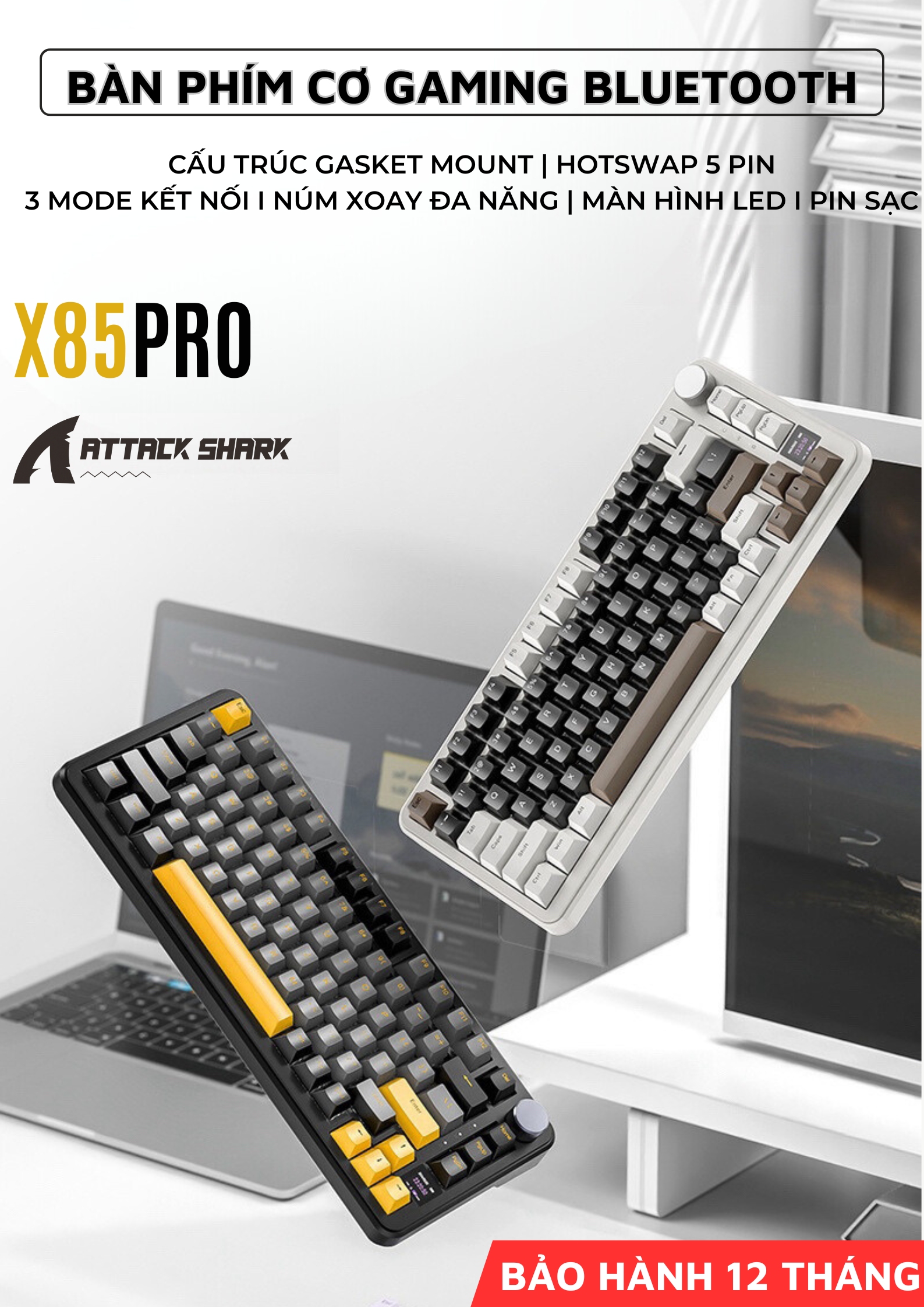 Bàn Phím Cơ Không Dây Attack Shark X85 Pro Màn Hình Hiển Thị + Núm Xoay ...
