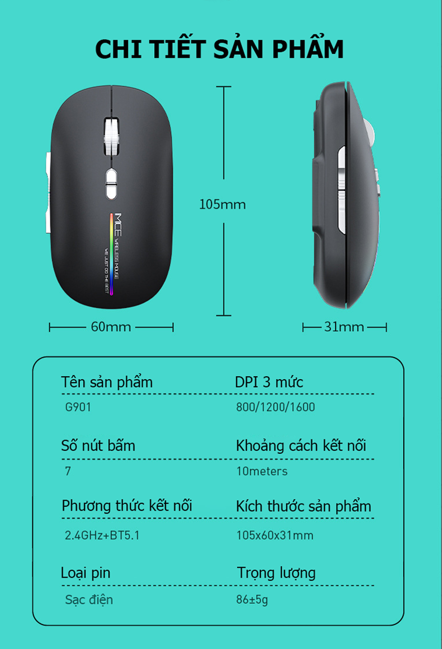 Chuột không dây bluetooth G901 sạc pin không tiếng click có chế độ kết ...