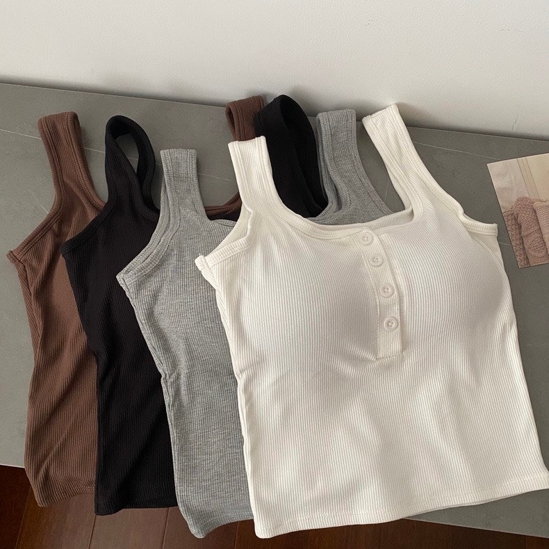 [CÓ MÚT] Áo 2 dây nữ bản to kiểu dáng sexy áo ba lỗ nữ khuy cài kèm mút ngực chất vải thun tăm ...