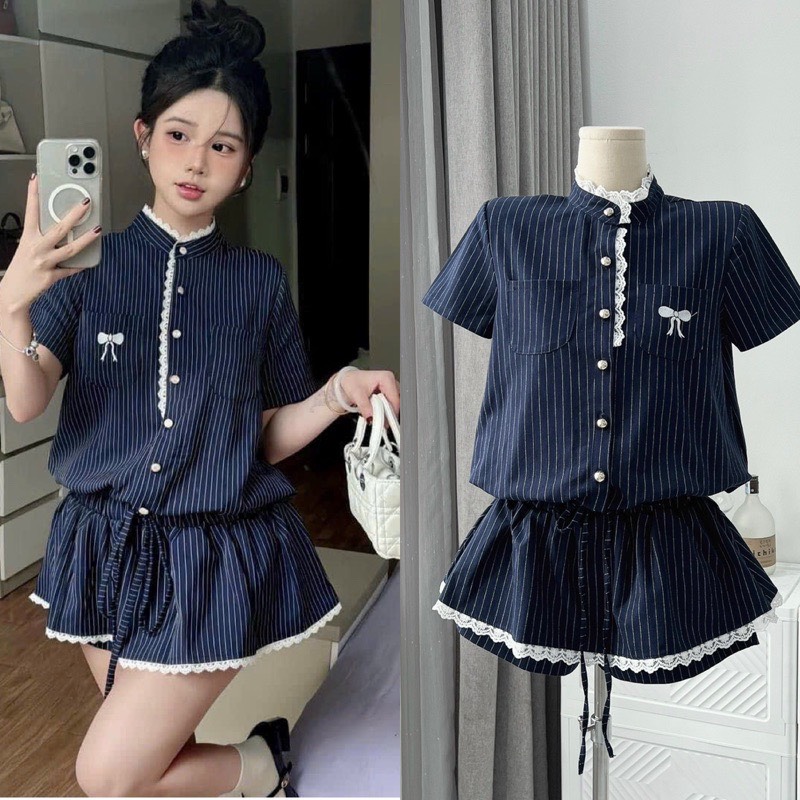 Set jumpsuit nữ cộc tay cổ tàu cúc đồng đính viền ren kèm quần váy kẻ cổ tàu phối nơ có túi ngực ...