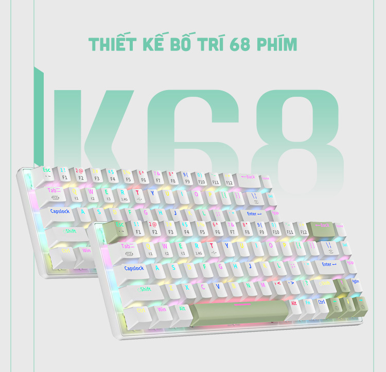 Bàn phím cơ K68 bluetooth 3 mode kết nối không dây 2.4G, có hotswap, đèn led xuyên phím RGB 20 ...