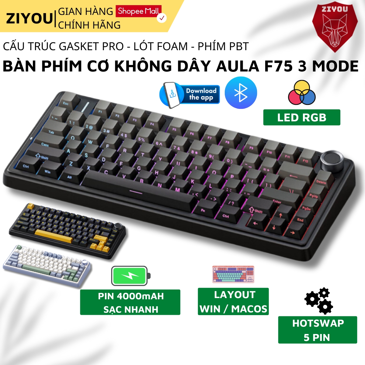 Bàn Phím CƠ Bluetooth Ziyou AULA F75 Phiên Bản Mới PRO VIP V2 Led RGB Cho Máy Tính Laptop ...