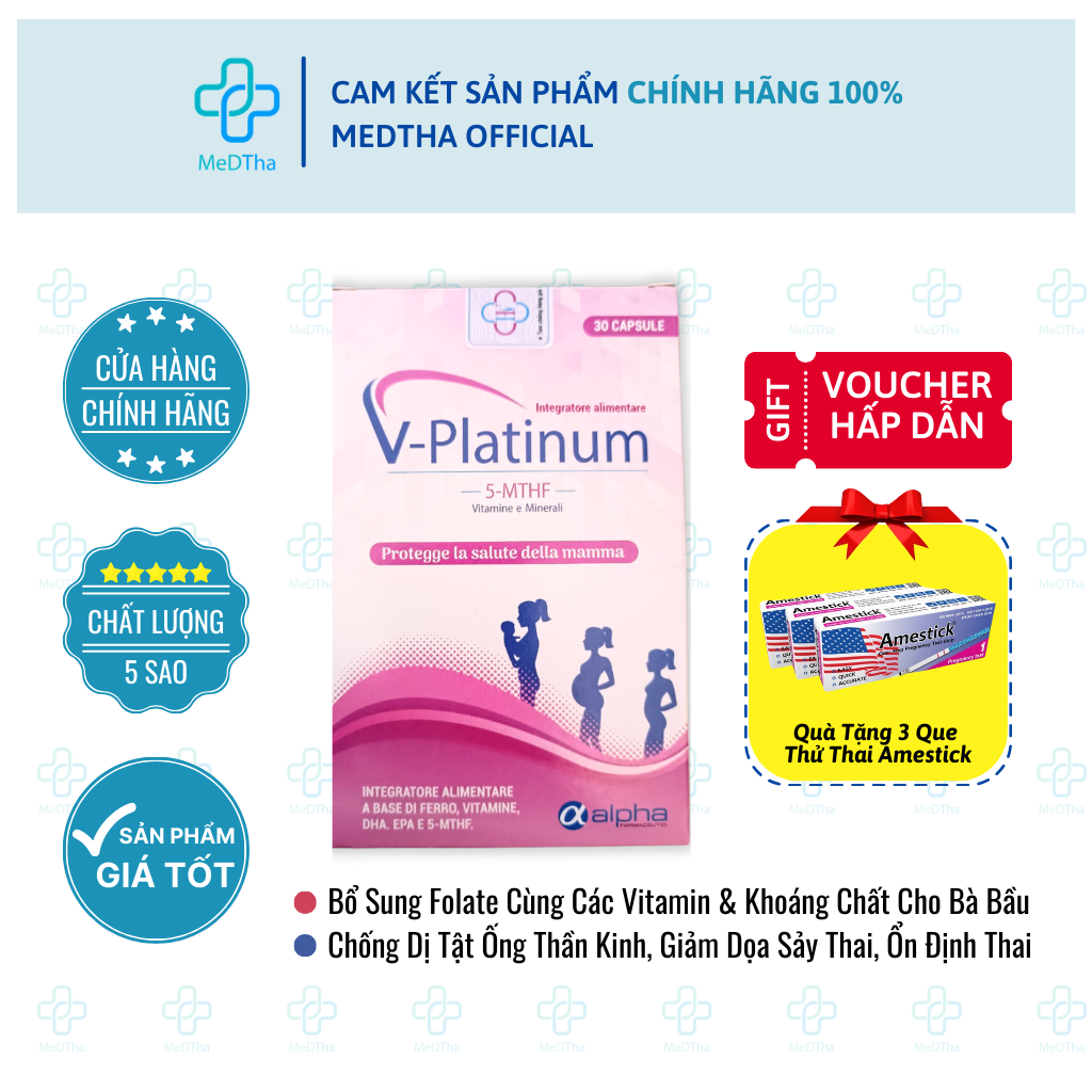 V-Platinum 5-MTHF - Bổ Sung Acid Folic / Folate, Sắt, Vitamin Tổng Hợp, Hỗ Trợ Sinh Sản (30 Viên ...
