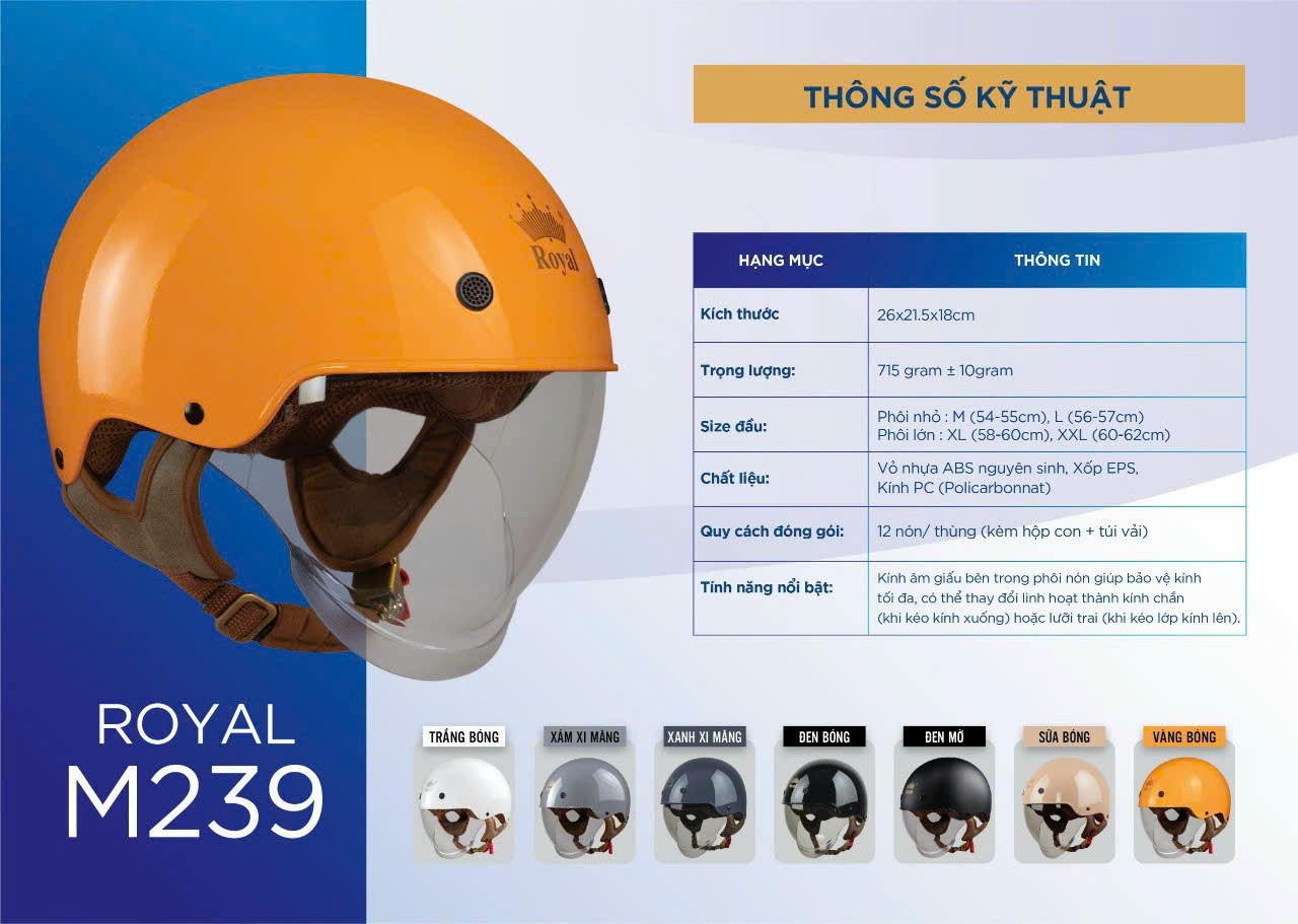 Mũ Bảo Hiểm Nửa Đầu Kính Âm Royal M239 Trơn, Nón Bảo Hiểm 1/2 Royal Hàng Chính Hãng New 2024 ...