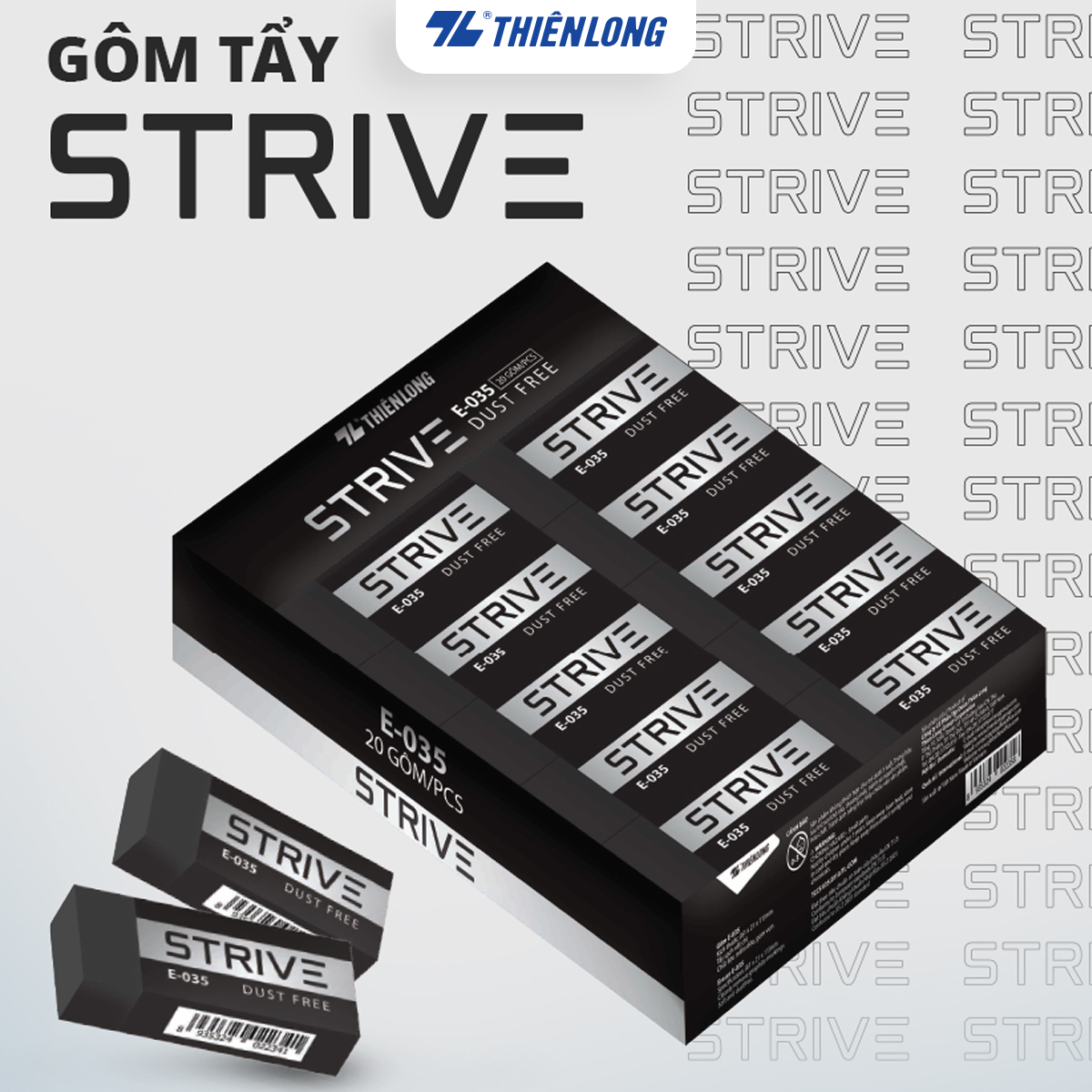 Gôm tẩy không bụi mịn Thiên Long Strive Dust Free E-035 - Chứa ion bạc kháng khuẩn, tẩy sạch, êm ...
