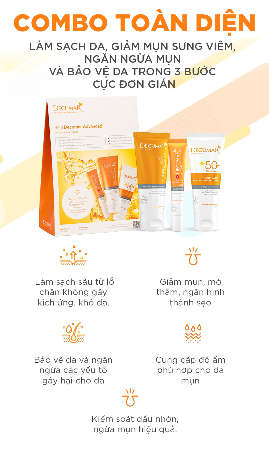 Combo Decumar Advanced gồm 1 Gel ngừa mụn, 01 Gel rửa mặt, 01 kem chống ...