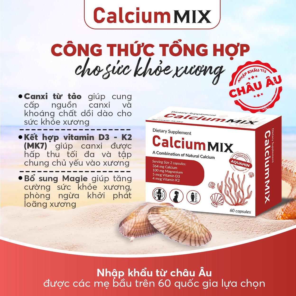 Canxi hữu cơ Calcium Mix, bổ sung canxi cho bà bầu + D3 K2 Magie, không nóng táo, ngừa chuột rút ...