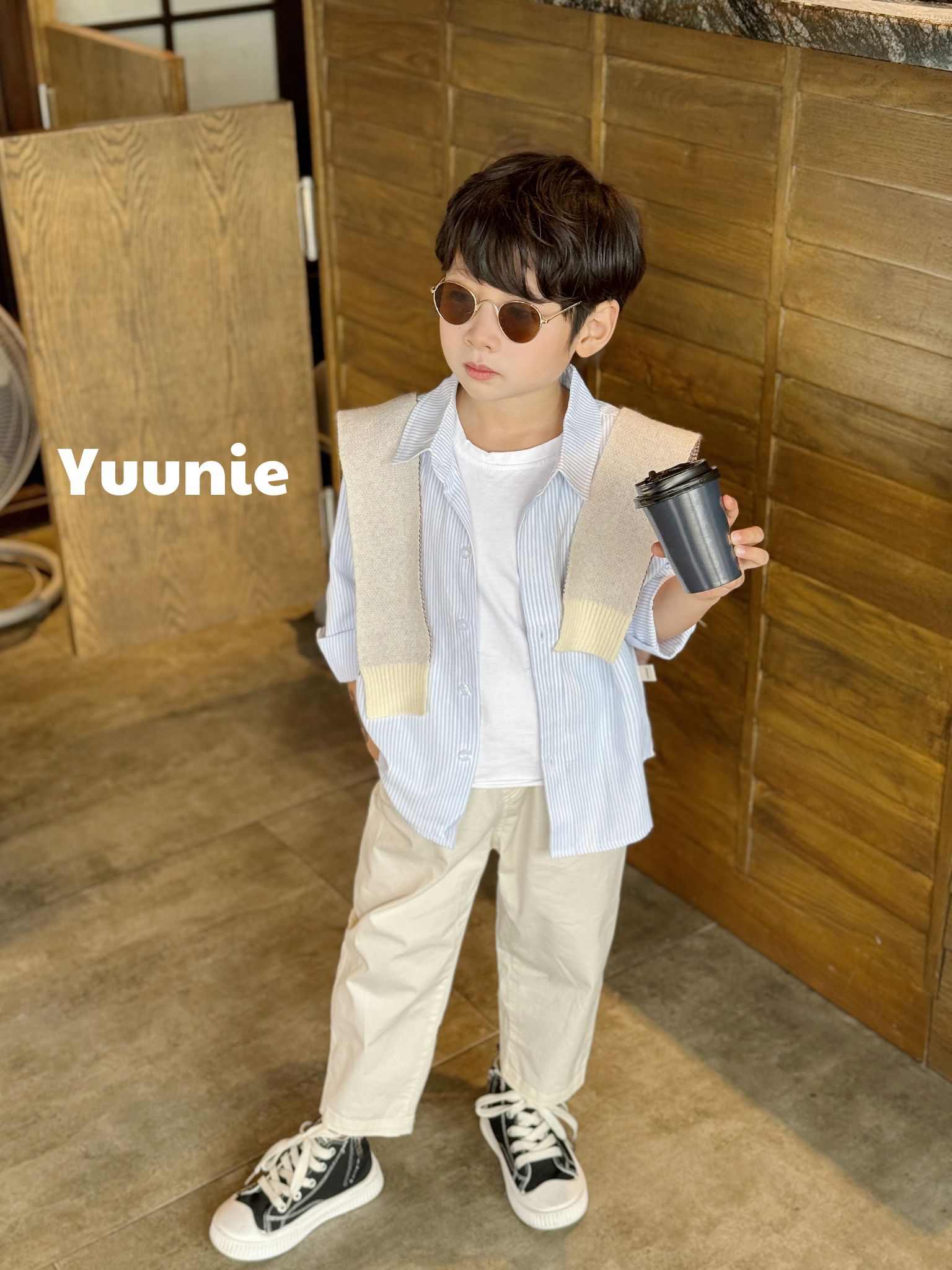 Áo sơmi kẻ sọc xanh bé nam hàn quốc Yuunie, áo cotton thoáng mát đi học ...