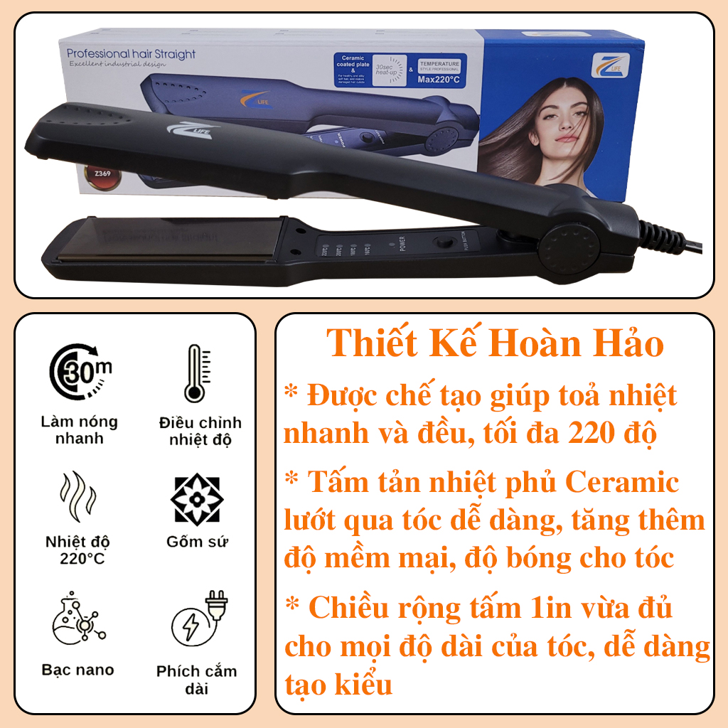 Máy duỗi tóc ép tóc Zlife Z369, máy là kẹp làm thẳng tóc chính hãng ...