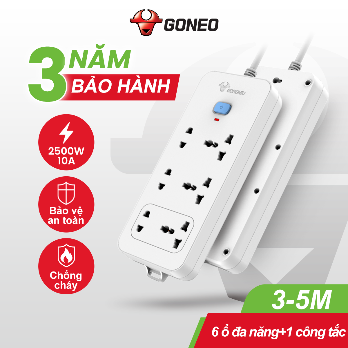 Ổ Cắm Điện Chống Cháy GONGNIU - 6 Ổ Đa Năng 1 Công Tắc – Công Suất 10A ...