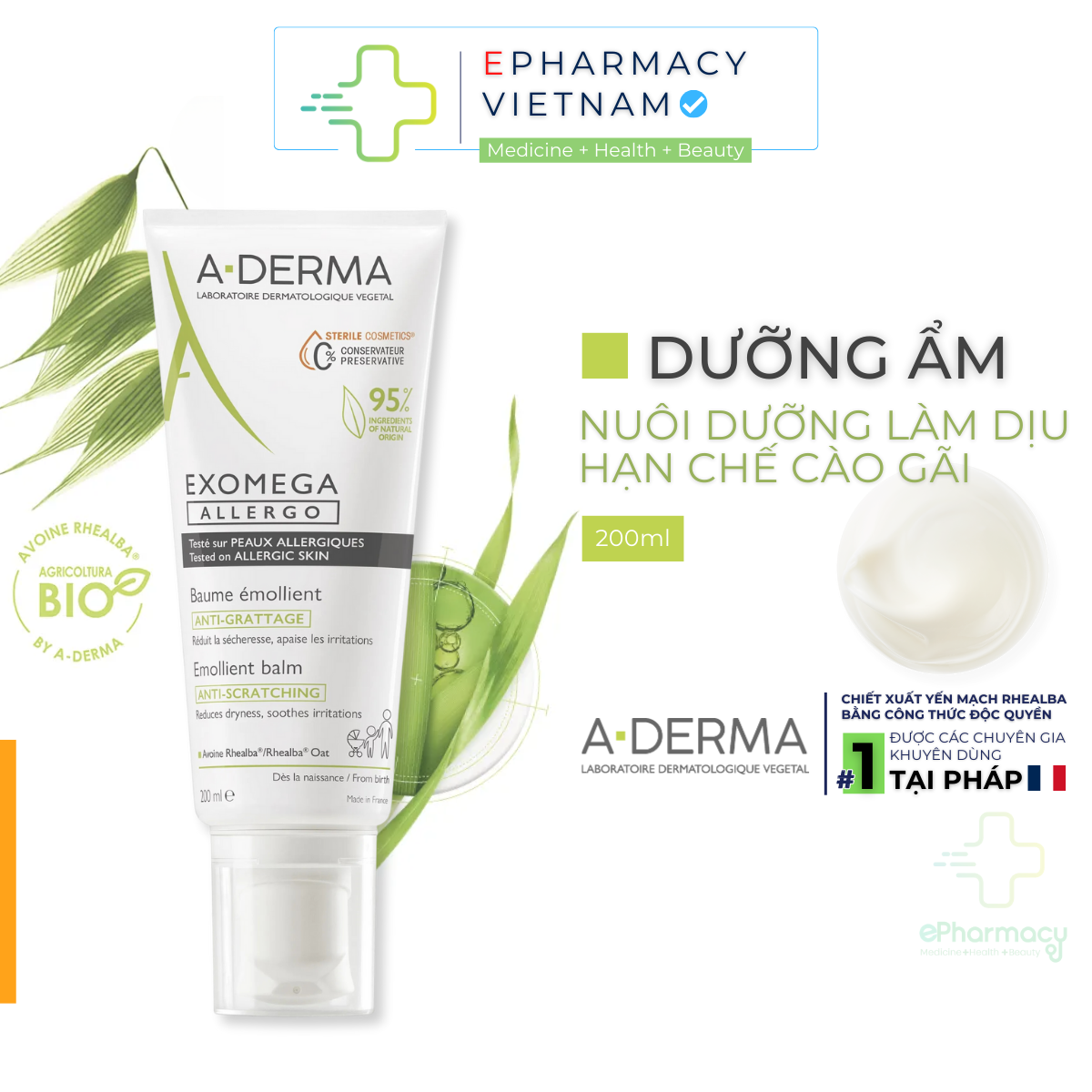 A-DERMA Kem Dưỡng Aderma Exomega Allergo Emollient Balm Cho Da Khô, Rất Khô, Da Cơ Địa 200ML ...