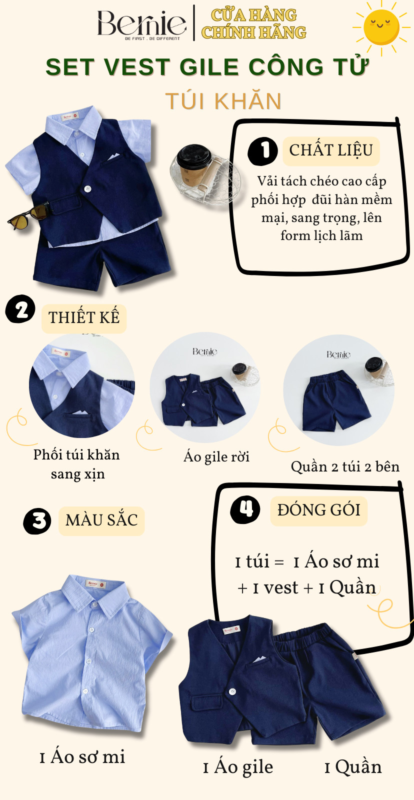 Set vest gile công tử hàn quốc túi khăn bé trai thôi nôi sinh nhật đi ...