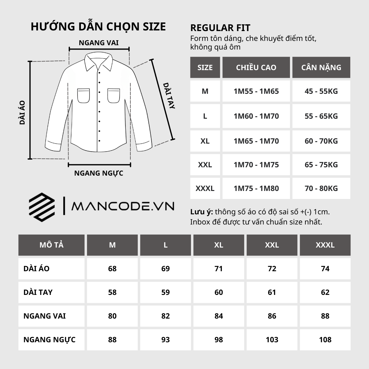 Áo Sơ Mi Nam (có Bigsize) MANCODE Chất Vải Lụa Cotton Bền Đẹp Mềm Mại Thoải Mái Gấp Hộp Giúp ...