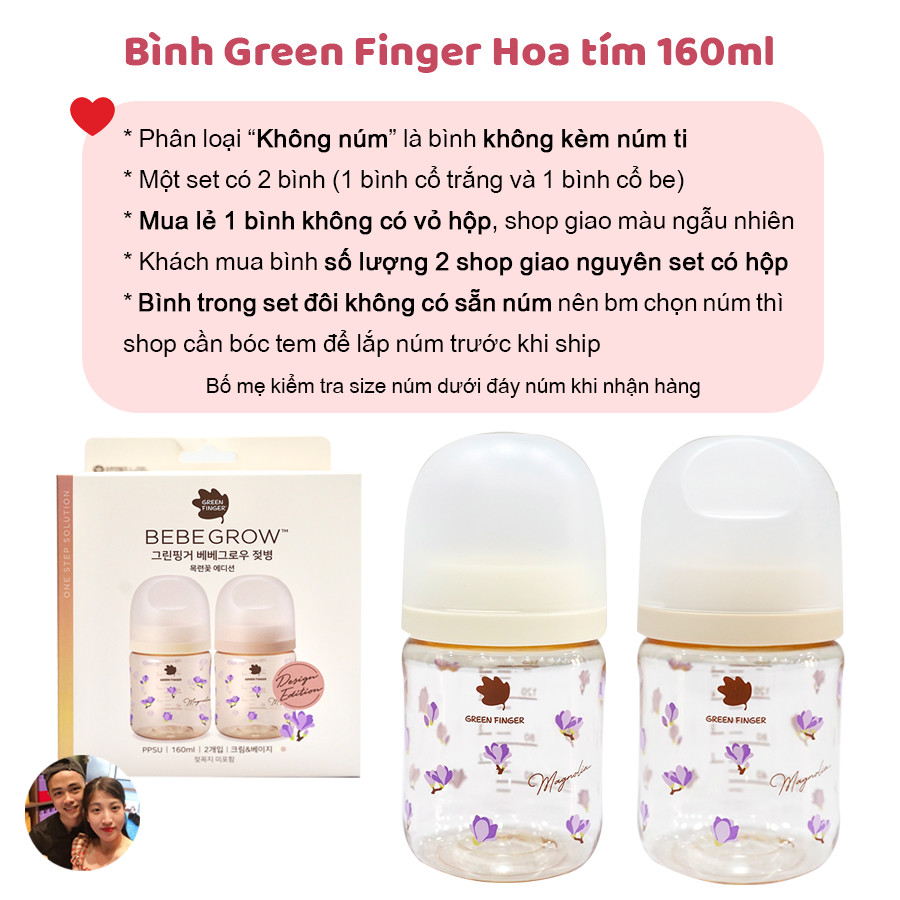 Bình sữa Green Finger Bebegrow Nhựa PPSU Hàn Quốc 160ml/280ml, núm ty 2 van thoát khí | Shopee ...