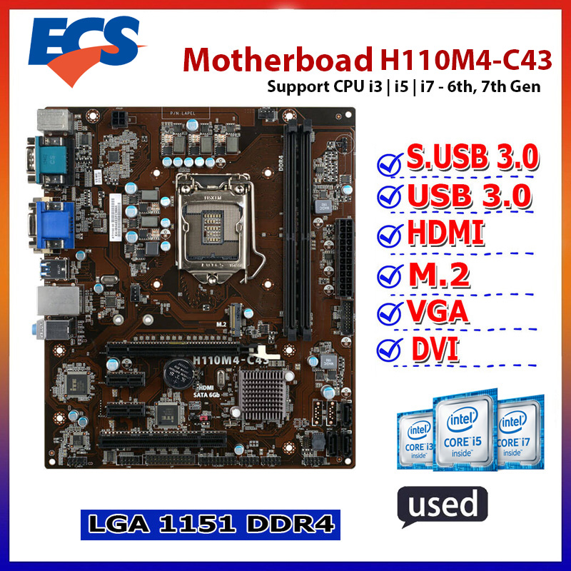 Mainboard - Bo Mạch Chủ Máy tính ECS H110M4-C43 / H81 / H61 đẹp như mới, Tháo máy Hàn, Kèm cáp ...
