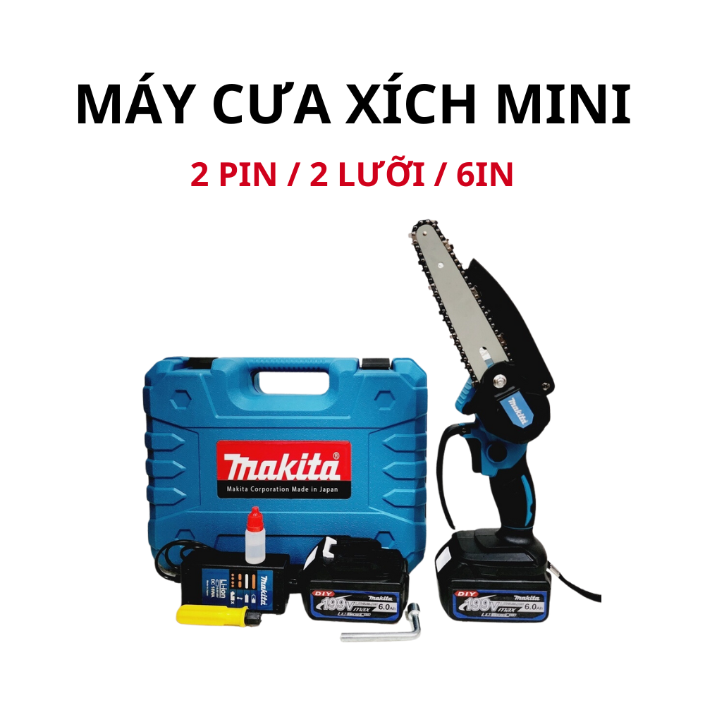 Máy Cưa Xích Cầm Tay 2 Pin Cưa Gỗ Mini Dùng Pin Mạnh Mẽ Bền Bỉ Bảo